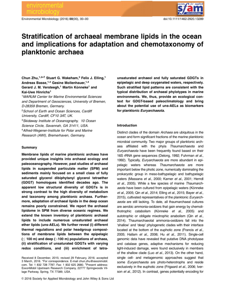 Stratification of Archaeal Membrane Lipids in The Ocean and ...