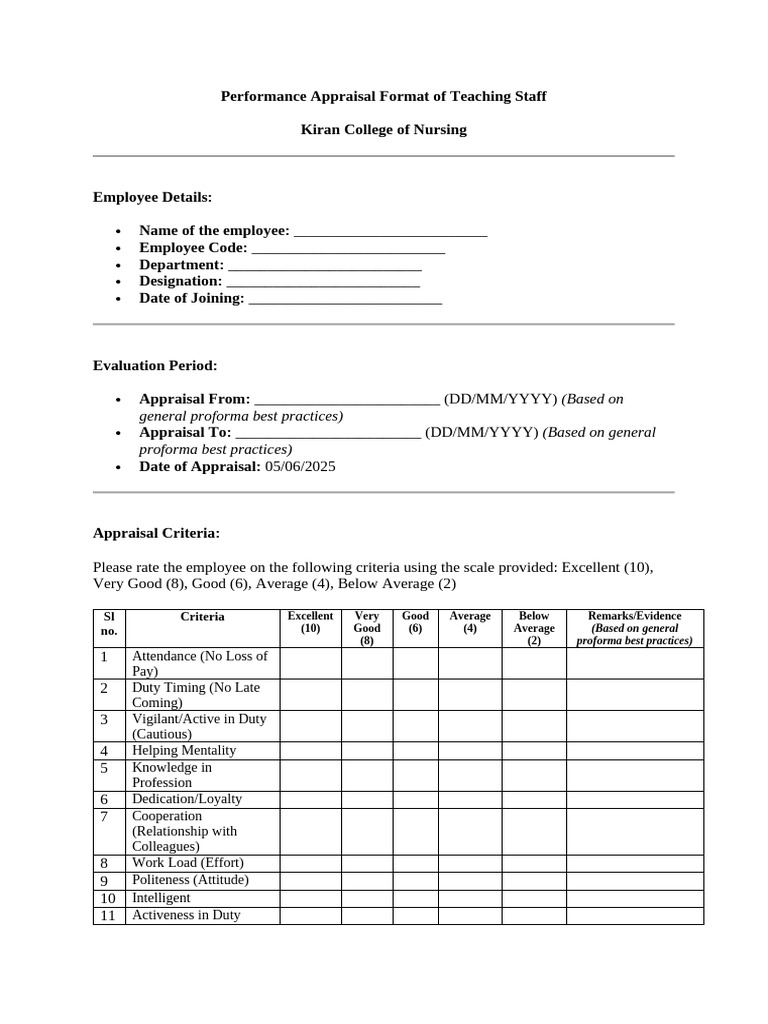 Performance Appraisal Format of Teaching Staff | PDF | Performance Appraisal | Business