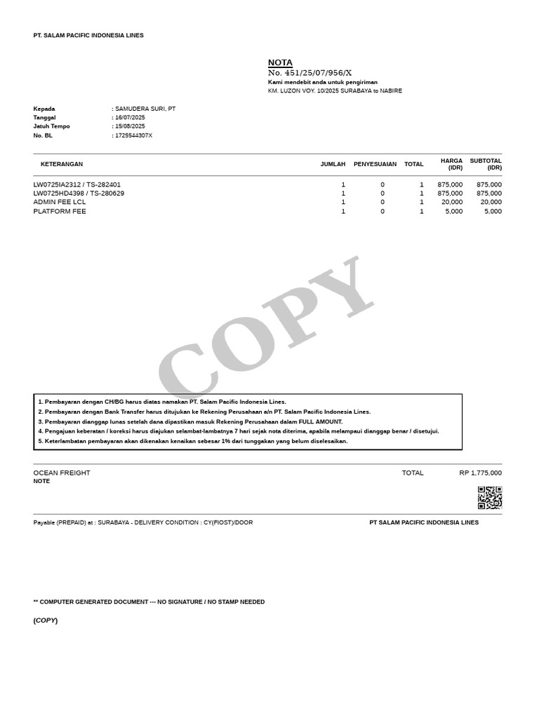 Invoice Samudera Suri, PT 451 25-07-956 X Luz 10 Sby NBR 25 | PDF