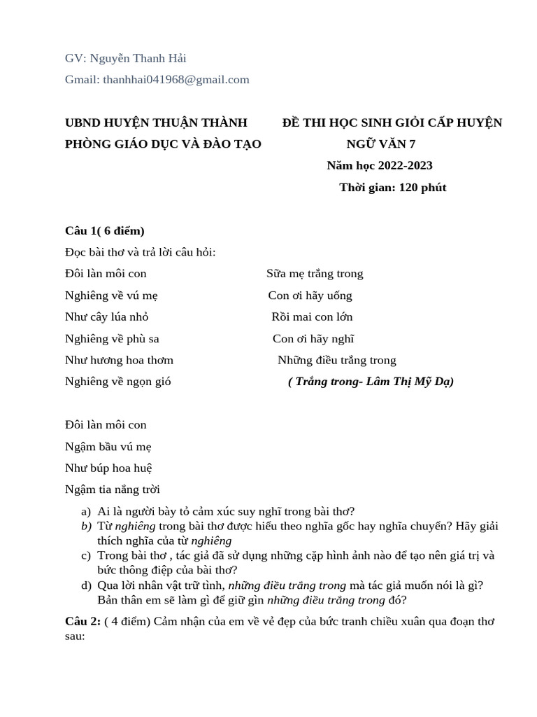 v7 - Đề Và Đáp Án Hsg - Đọc Hiểu Trắng Trong - Biểu Cảm Về Quê Hương | PDF