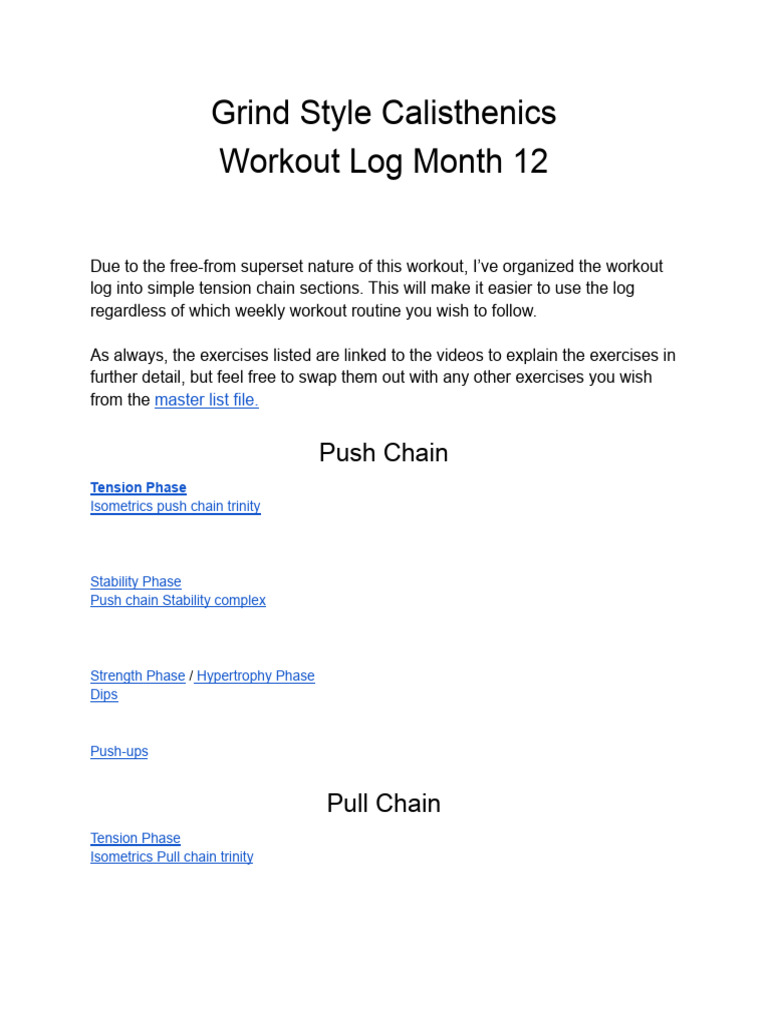Grind Style Calisthenics Log Month 12 | PDF