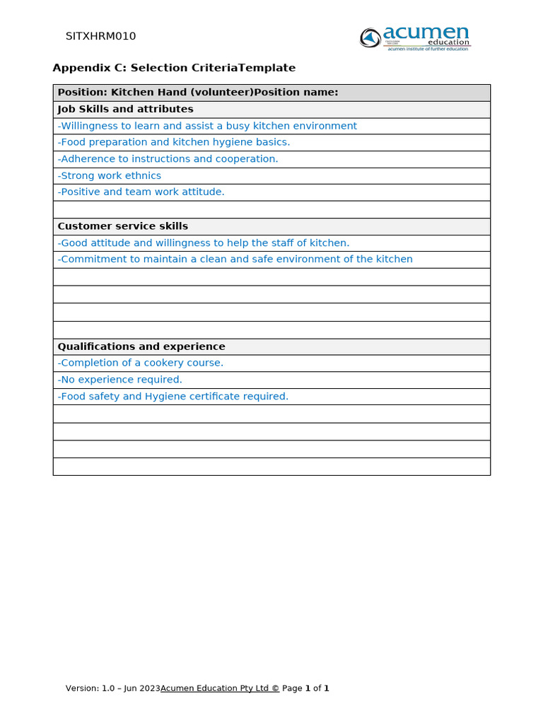 Assessment 2, Part B, Task 1 Appendix C Kitchen Hand | PDF