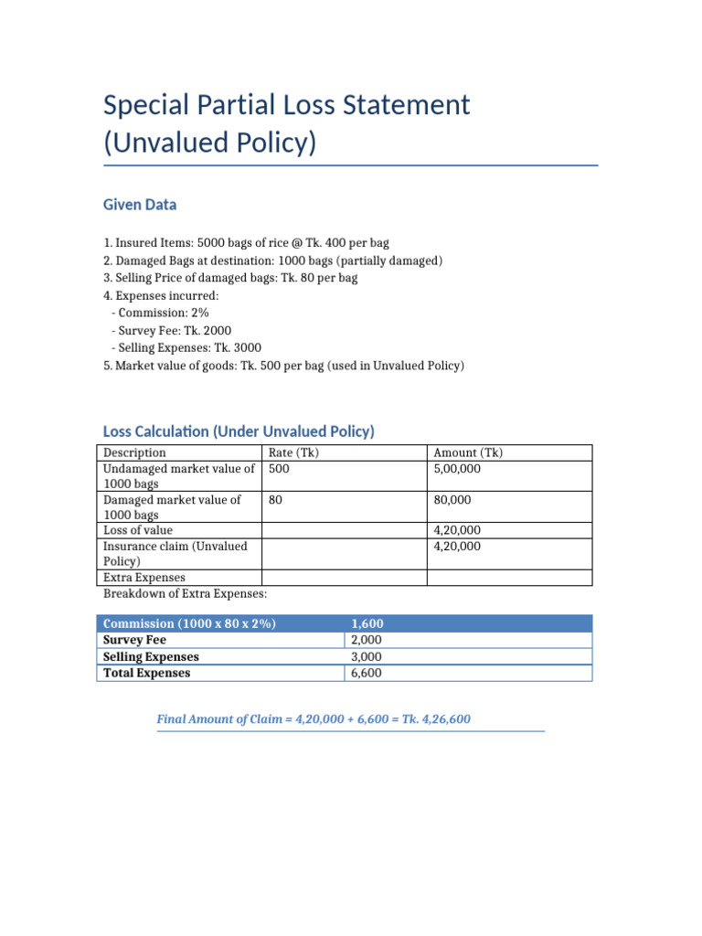 Special Partial Loss Unvalued Policy | PDF