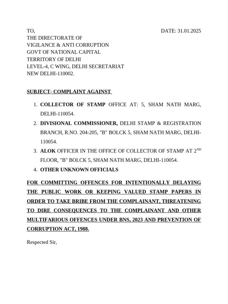 Complaint To Anti Curruption Against Collector of Stamp | PDF ...
