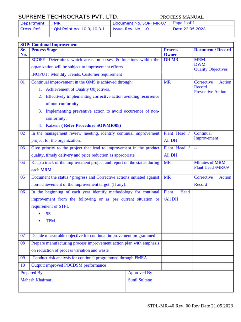 SOP-MR-007 - SOP For Continual Improvement | PDF | Production And ...