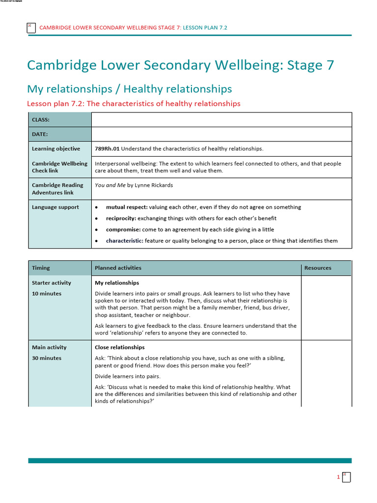 Wellbeing Lesson Plan 7.2 | PDF | Lesson Plan | Learning