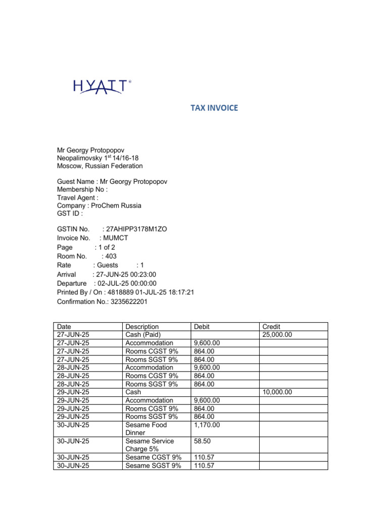 Hyatt Hotel Tax Invoice for Stay | PDF | Invoice | Credit Card