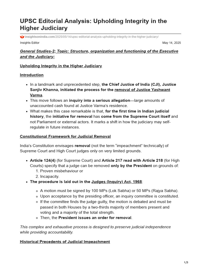 UPSC Editorial Analysis Upholding Integrity in The Higher Judiciary ...