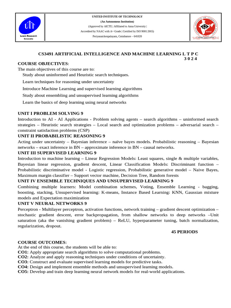Cs3491 Artificial Intelligence and Machine Learning L T P C | PDF | Machine Learning | Bayesian ...