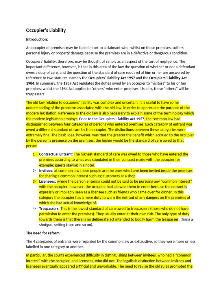 Understanding Occupier's Liability Law | PDF | Legal Liability | Duty ...