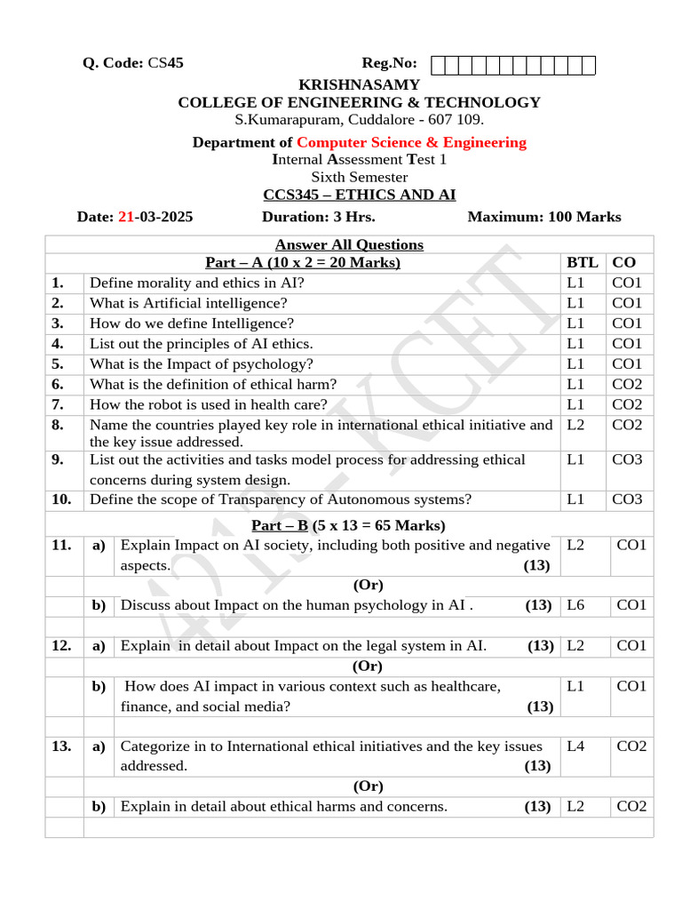 Ethics and Ai IAT 1 Question Paper | PDF | Artificial Intelligence ...