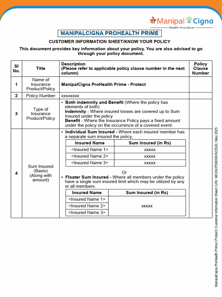 ManipalCigna ProHealth Prime Overview | PDF | Insurance | Deductible