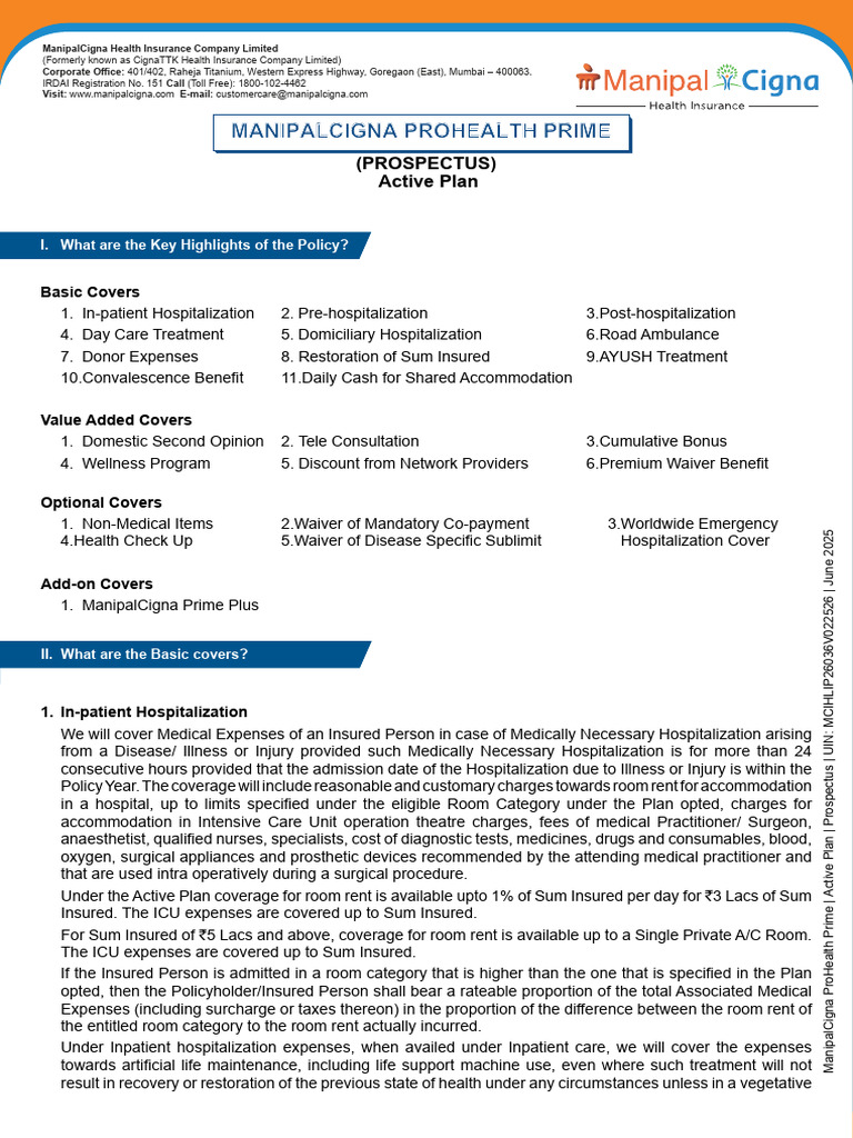 ProHealth Prime Active Plan Overview | PDF | Insurance | Hospital