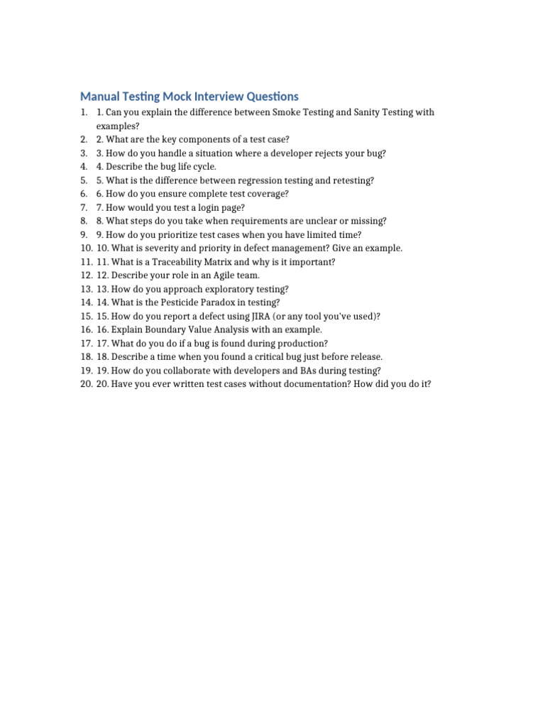 Manual Testing Mock Interview Questions | PDF
