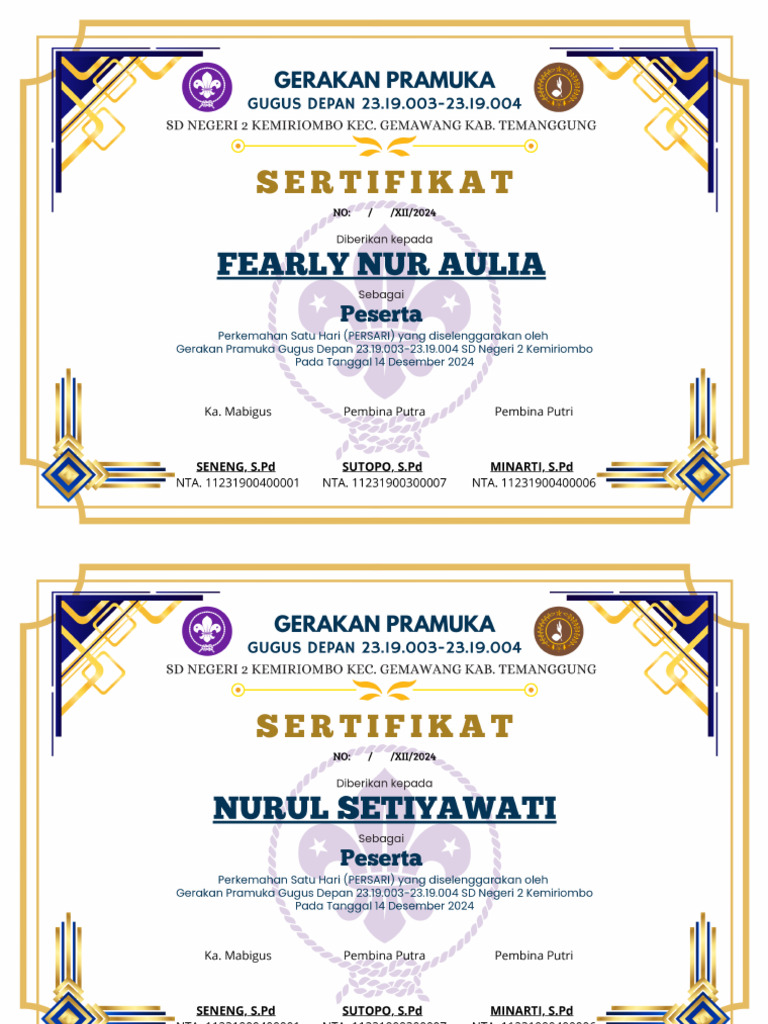 Sertifikat Pramuka Persari | PDF