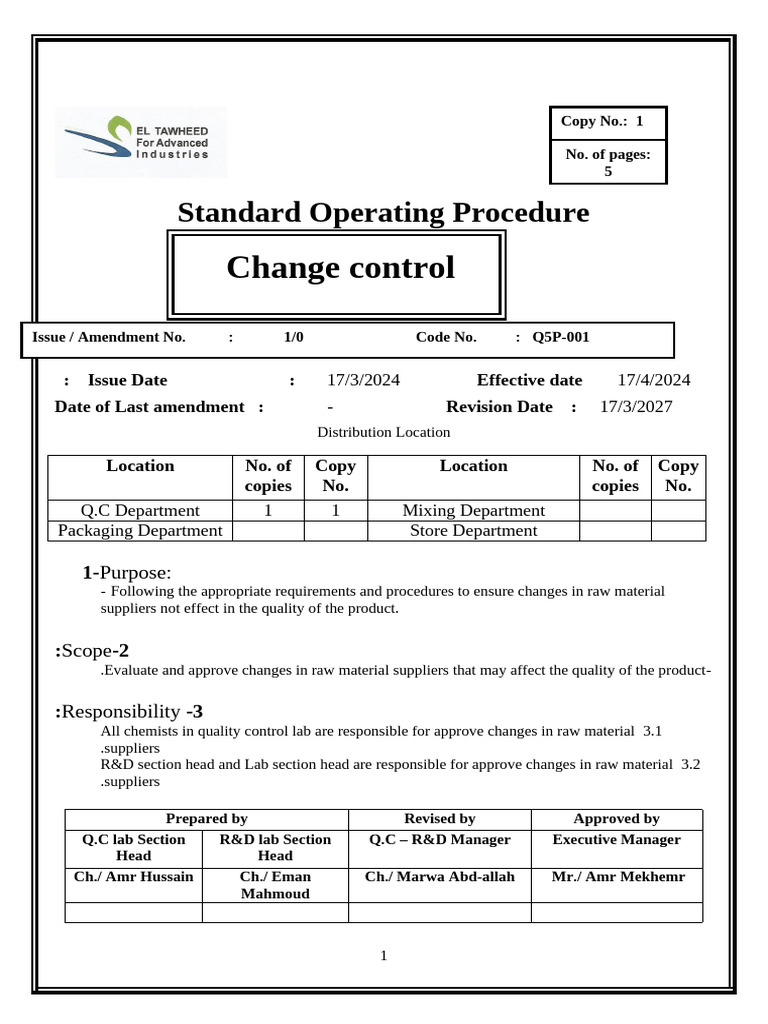 Raw Material Supplier Change SOP | PDF