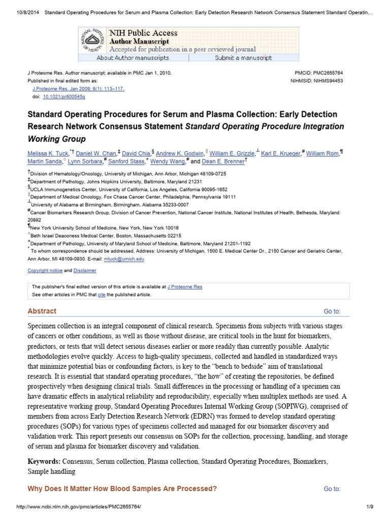 Serum and Plasma Collection SOPs | PDF | Blood Plasma | Sampling ...