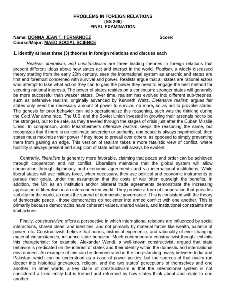 Theories and Impact of Foreign Relations | PDF | Foreign Policy ...