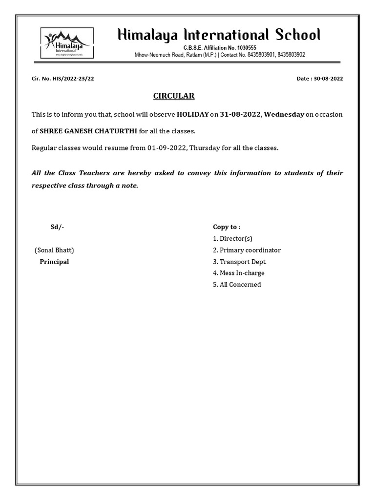 Ganesh Chaturthi Holiday Notice | PDF
