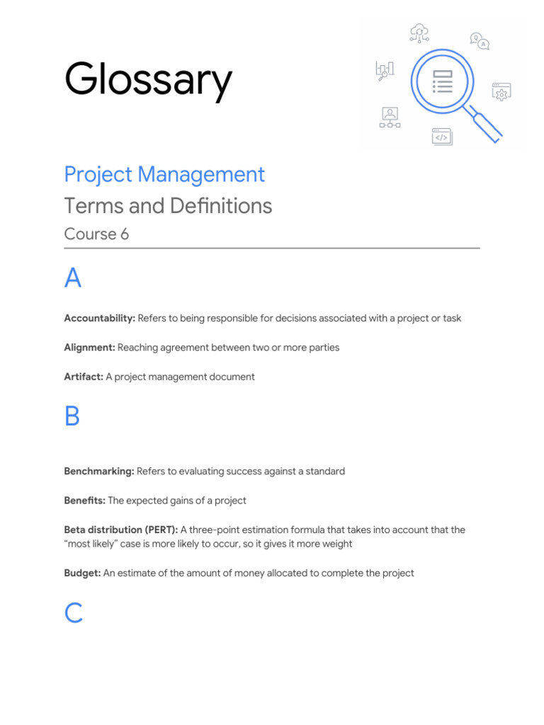 Course 6 Glossary PM Terms and Definitions | PDF | Evaluation | Project Management