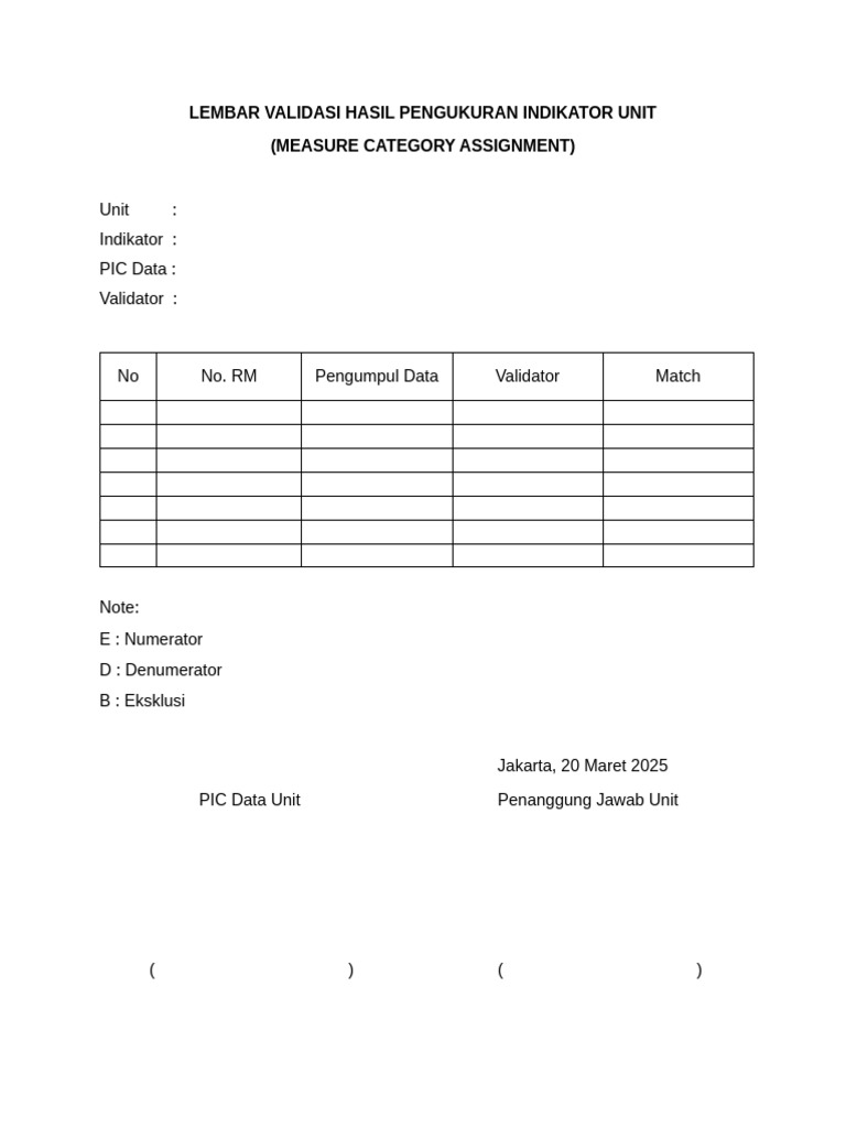 Mca Lembar Validasi Hasil Pengukuran Indikator Unit | PDF