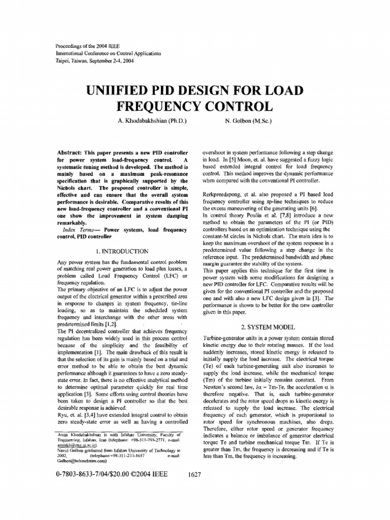 Unified Pid Design For Load Frequency Control | PDF | Control Theory | Electric Generator