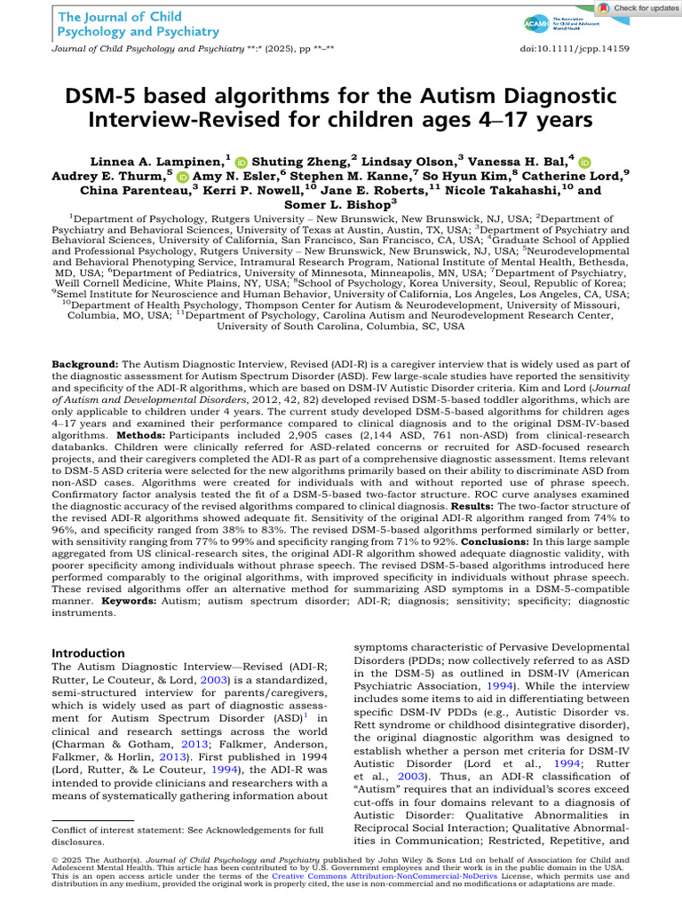 DSM-5 Based Algorithms For The Autism Diagnostic Interview-Revised For ...