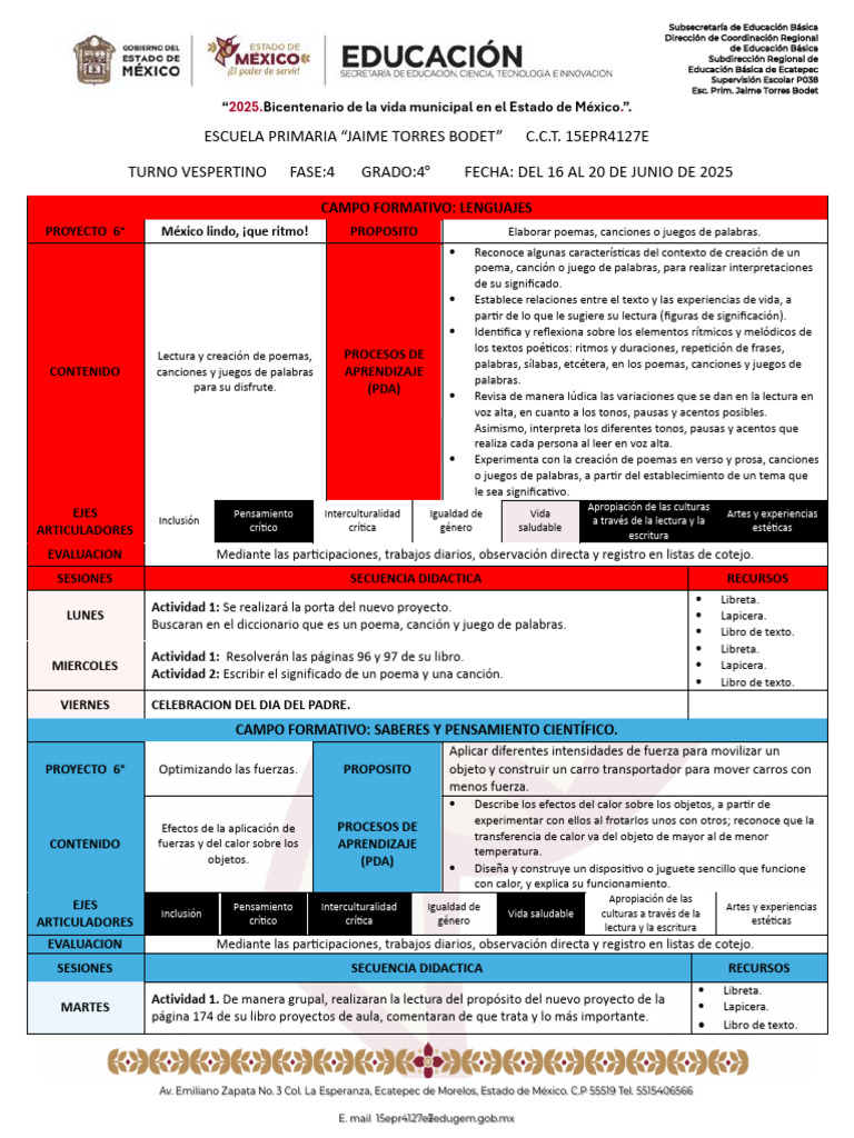 PLANEACION Del 16 Al 20 de Junio de Junio | PDF | Evaluación | Ritmo