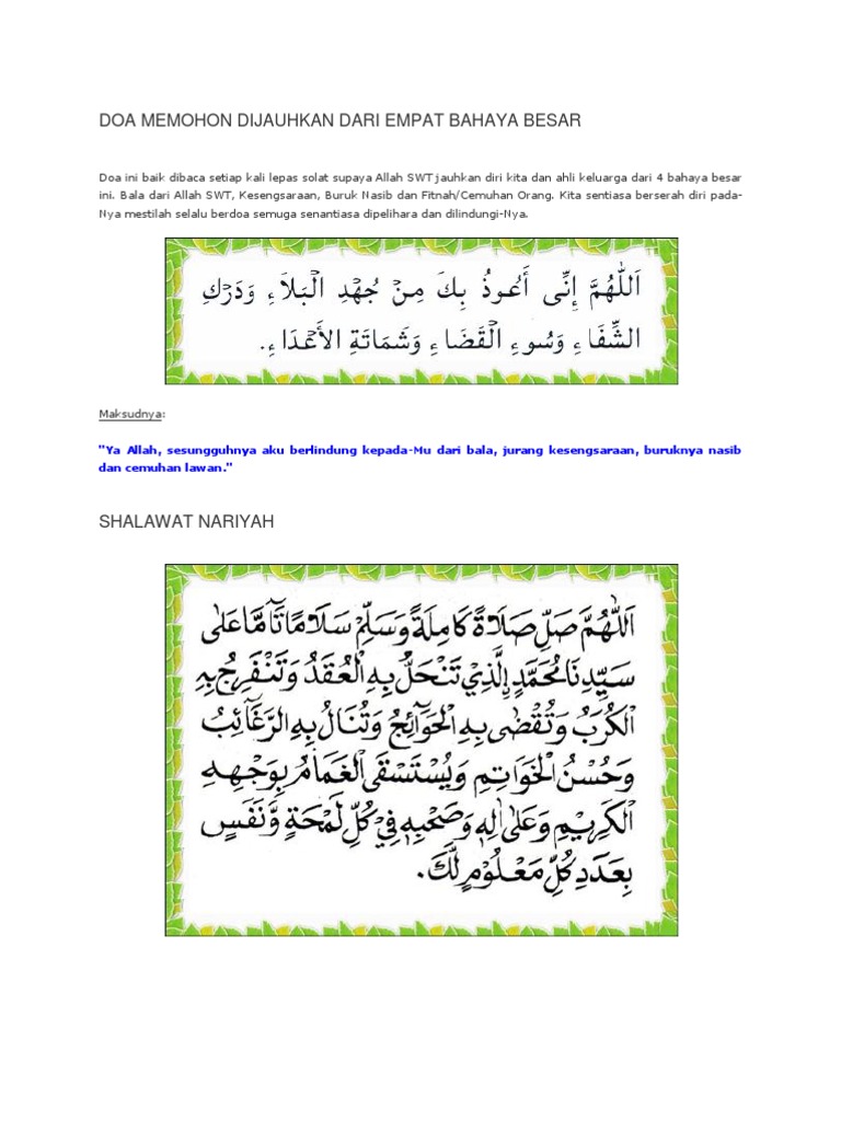 Doa Memohon Dijauhkan Dari Empat Bahaya Besar | PDF