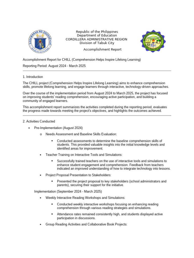 Accomplishment Report For Reading | PDF | Reading Comprehension | Learning