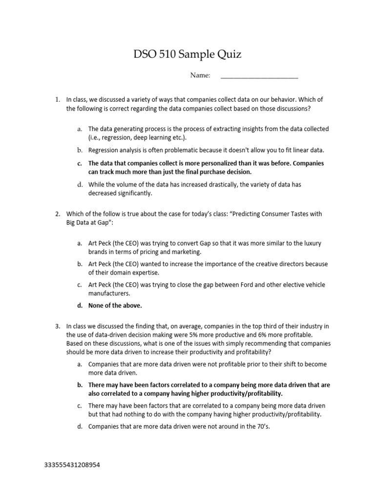 DSO 510 Sample Quiz | PDF | Data | Regression Analysis