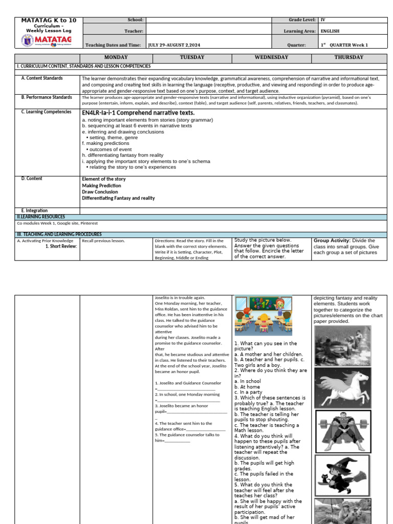 DLL - English 4 - Q1 W1 Final | PDF | Narrative | Reading Comprehension