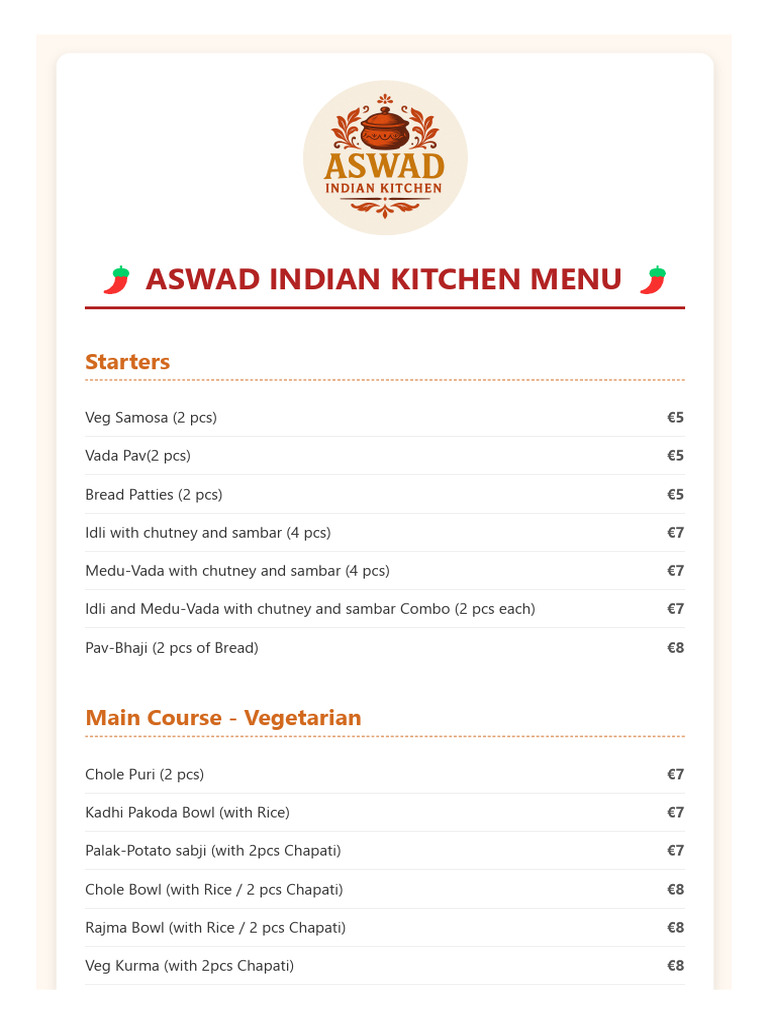 Aswad Indian Kitchen Menu | PDF | Indian Cuisine | Foods