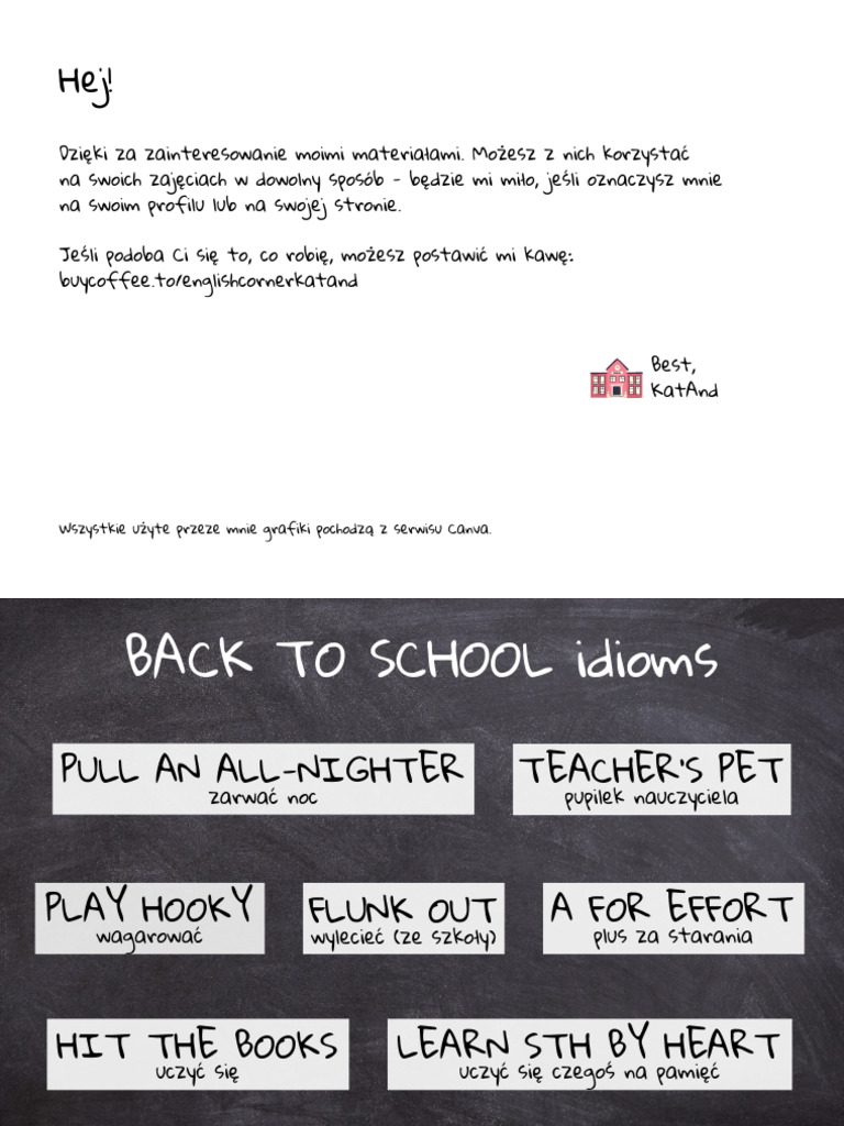 Back To School IDIOMS English Corner Katarzyna Andrzejewska | PDF