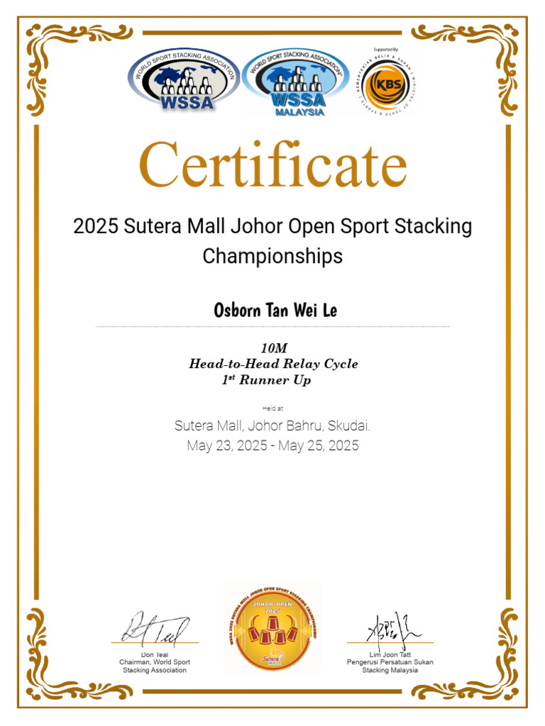 Certificate Sutera Mall Johor Open Sport Stacking Championships ...