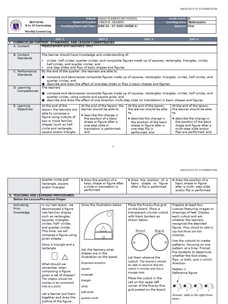 DLL Matatag Mathematics 2 q1 w2 | PDF | Shape | Rectangle