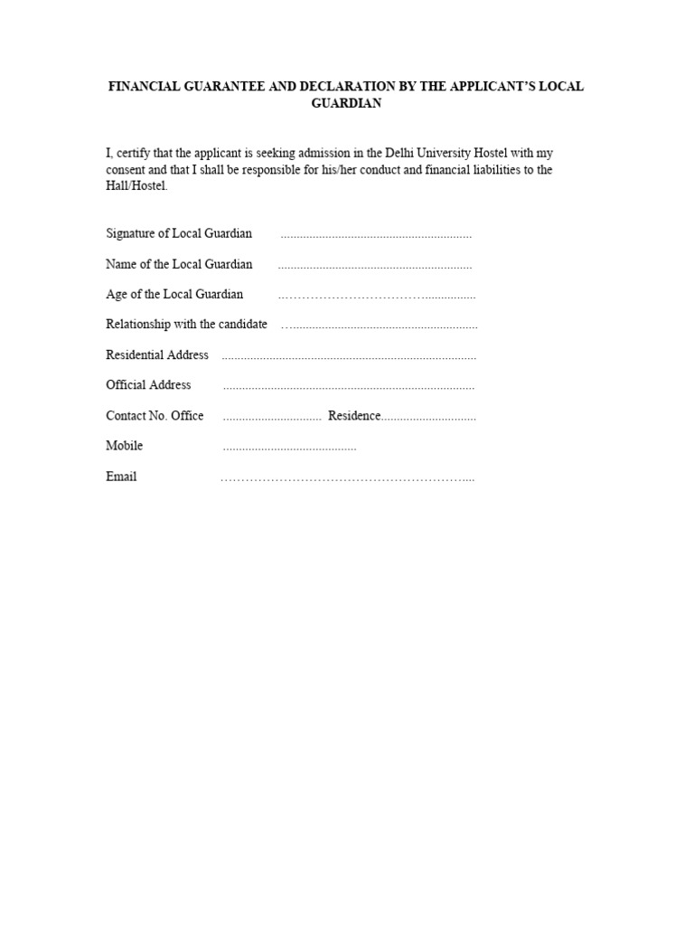 Local Guardian Declaration for Hostel Admission | PDF
