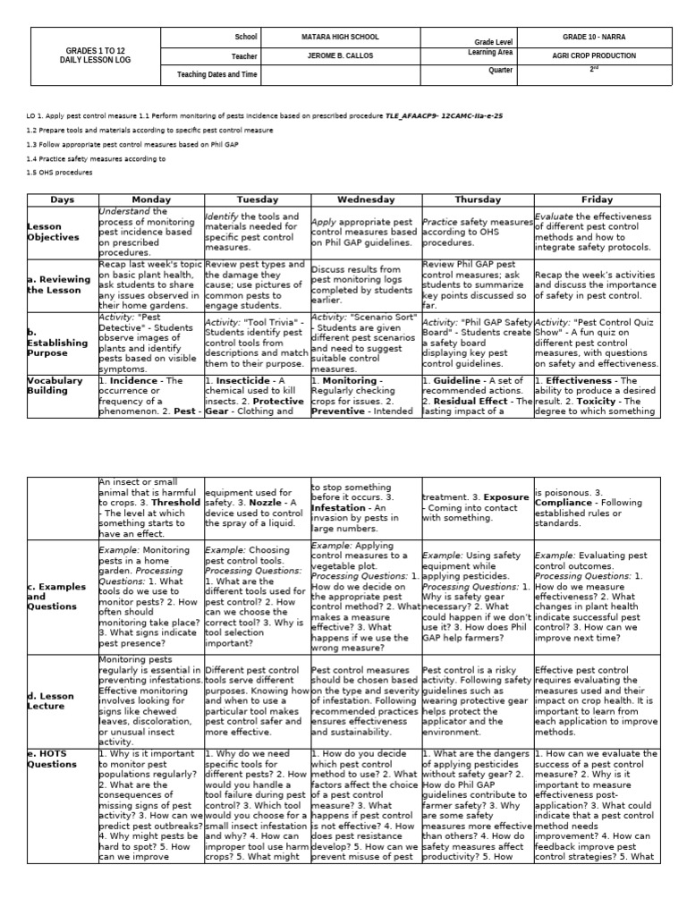 q2 Acp 10 Daily Lesson Log Week8 | PDF | Biological Pest Control ...