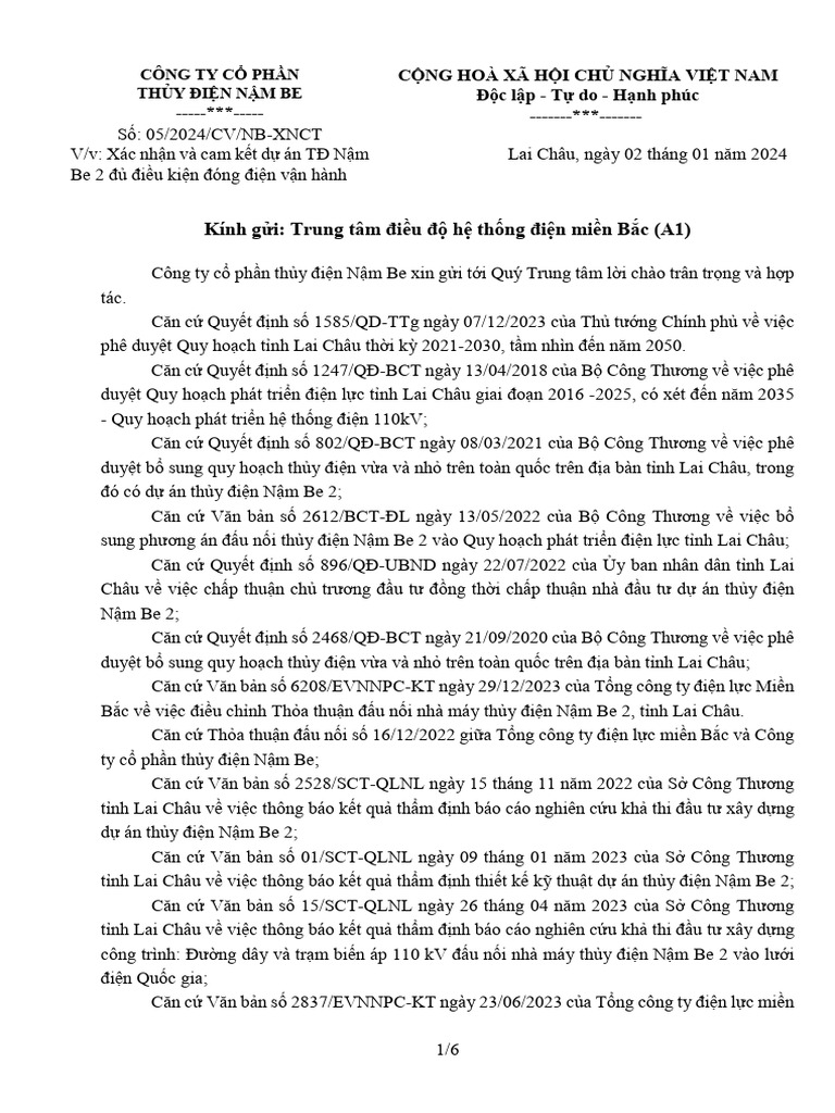 1 - CV Xac Nhan Du DK Dong Dien - NB2 - Gui A1.Signed | PDF