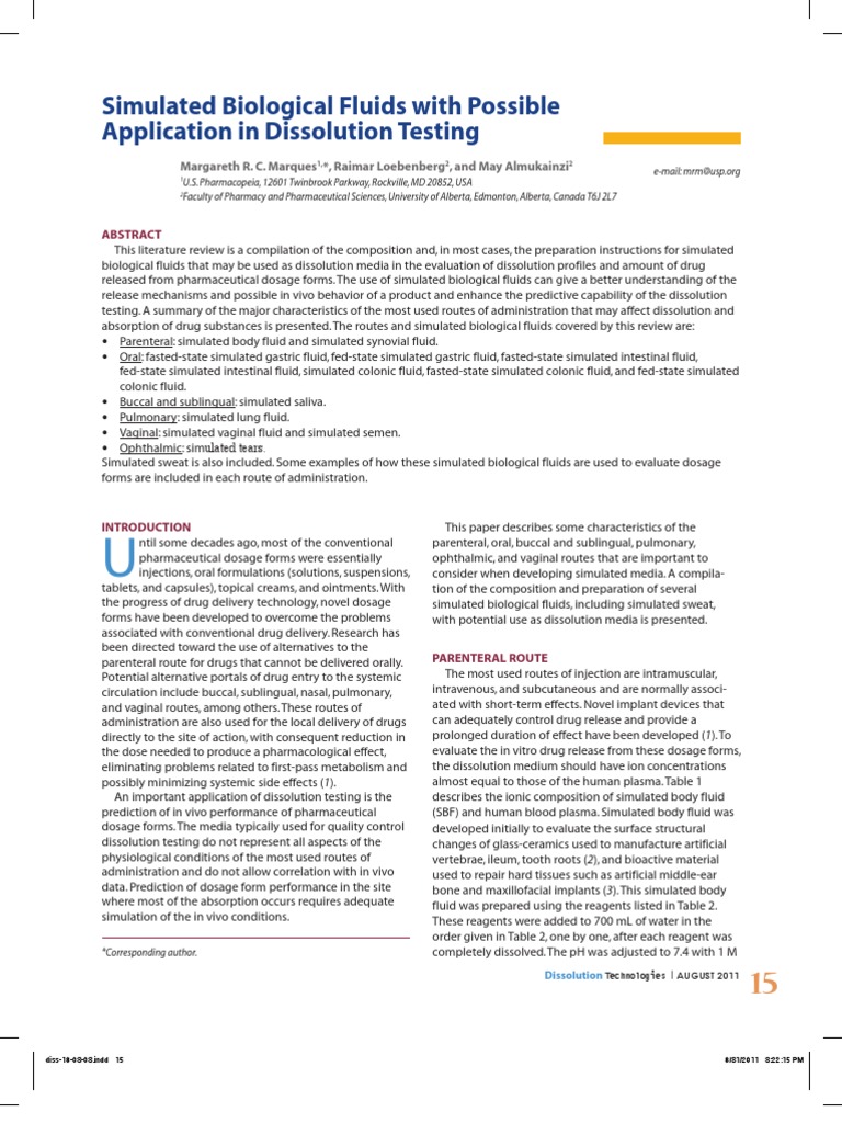 Simulated Body Fluids Composition | PDF | Large Intestine | Sodium