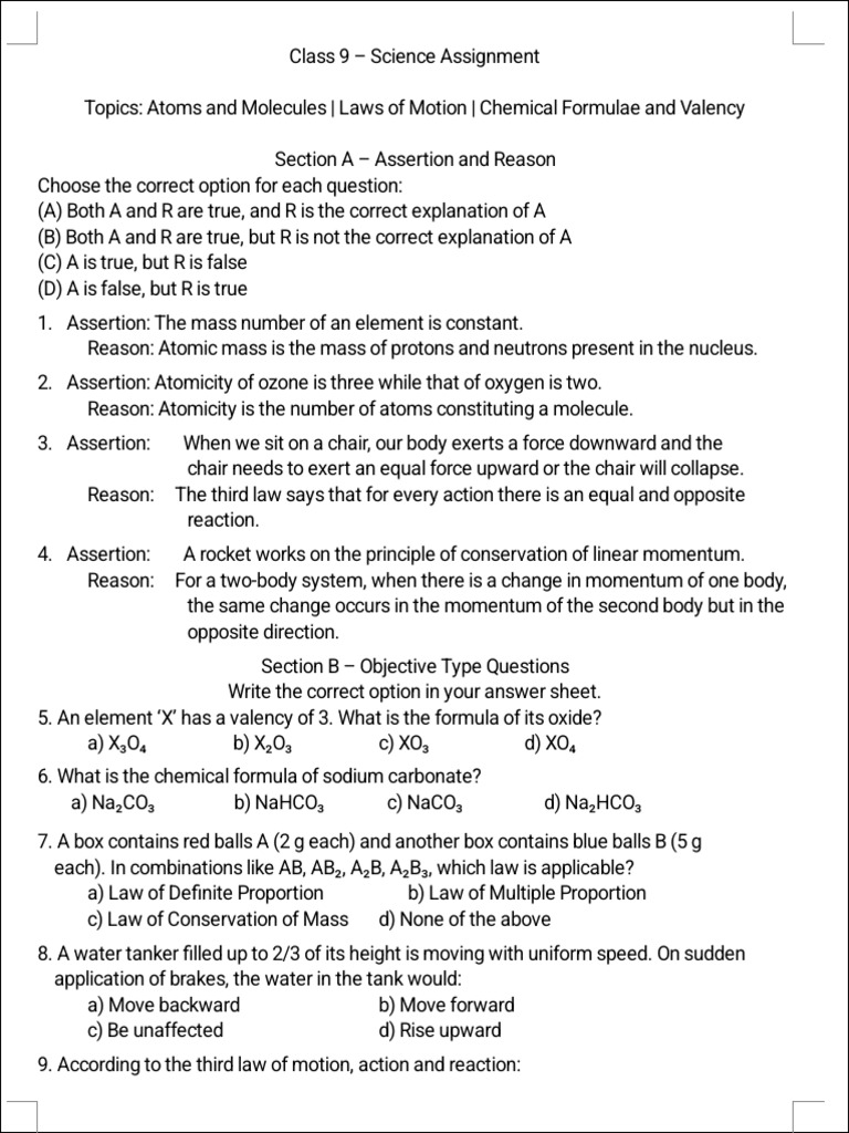 Class 9 Science Assignment: Atoms & Motion | PDF | Atoms | Force
