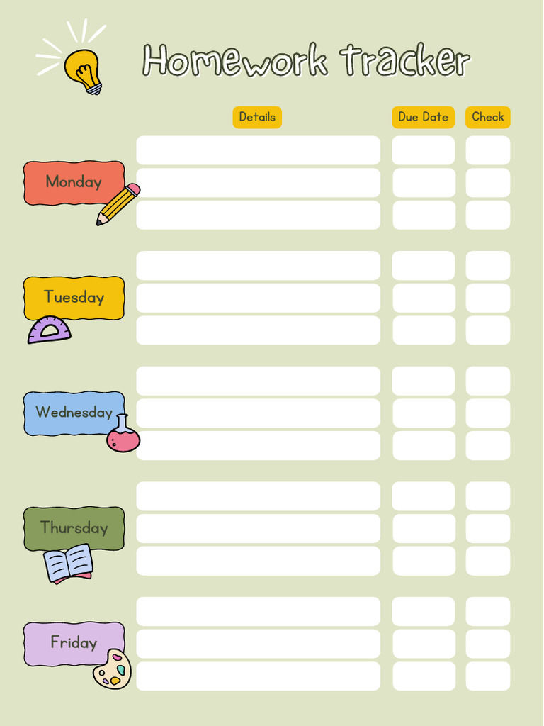 Homework Tracker Weekly Planner in Green Colourful Style | PDF