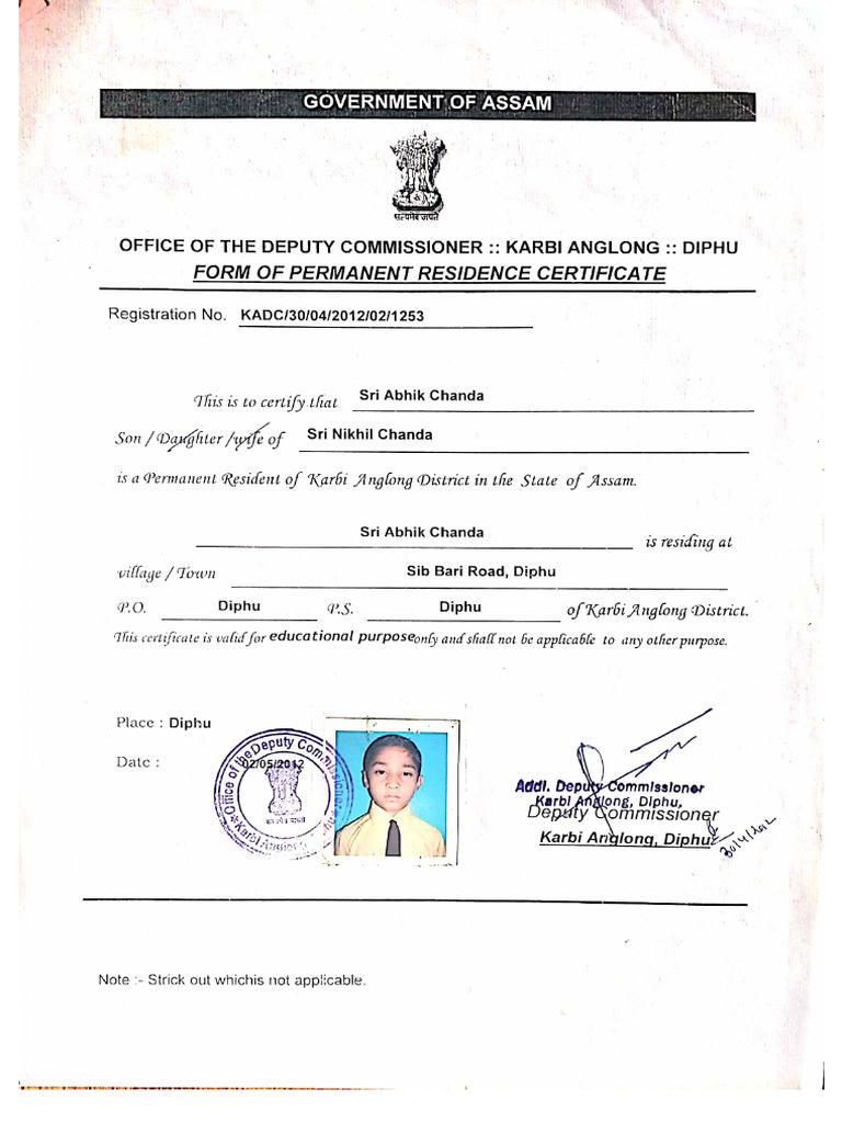 Permanent Residence Certificate - Mr. Abhik Chanda | PDF