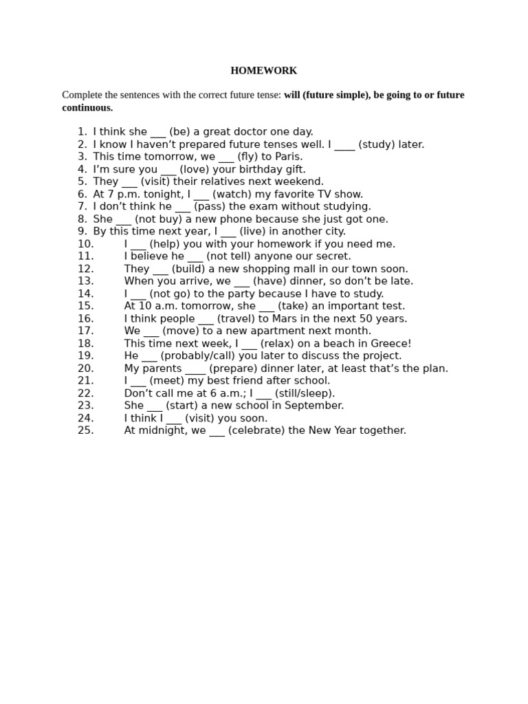 Homework - Future Tenses | PDF