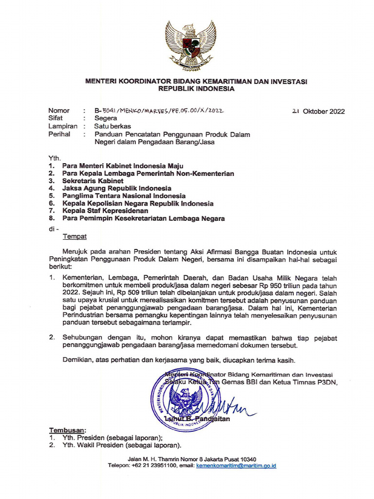 5041 - Surat Menko - Panduan Pencatatan Penggunaan PDN Dalam PBJ | PDF