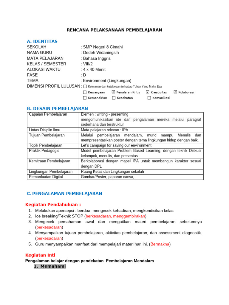 RPP Pembelajaran Mendalam Bhs Inggris | PDF