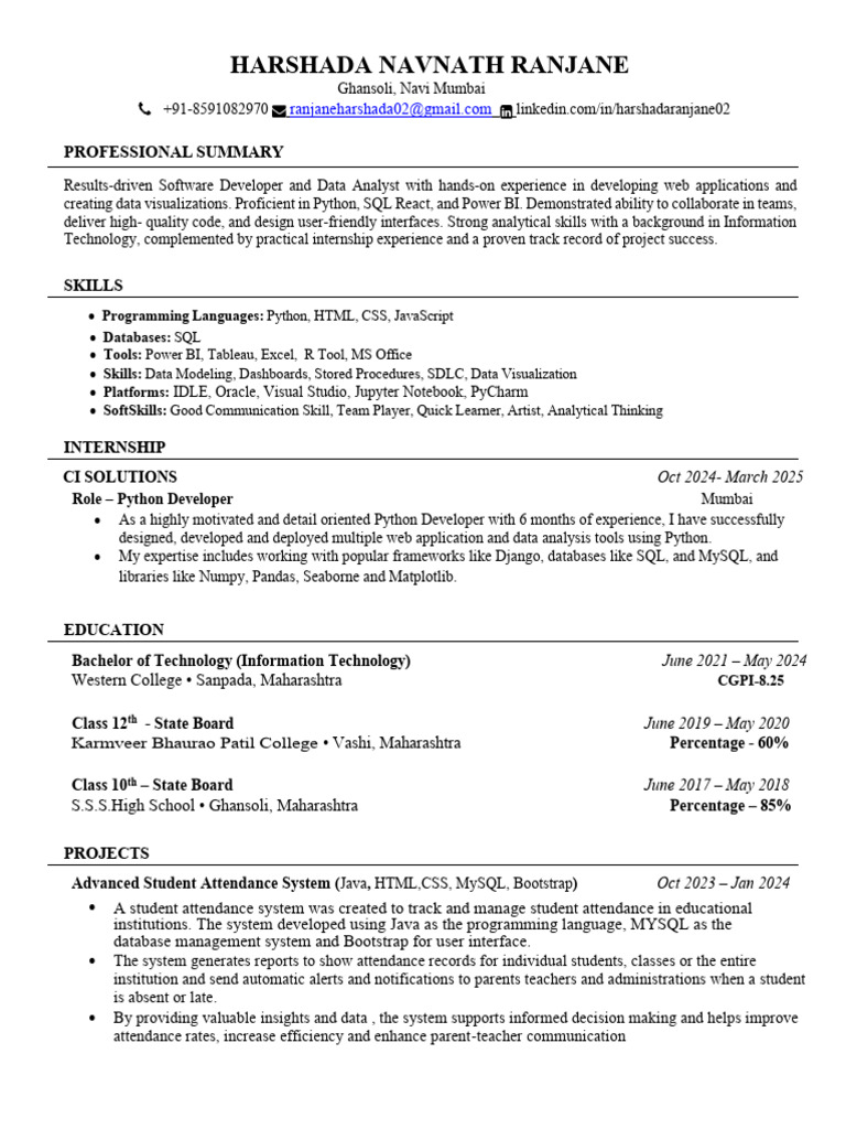 Harshada Navnath Ranjane Resume | PDF | Web Development | Databases