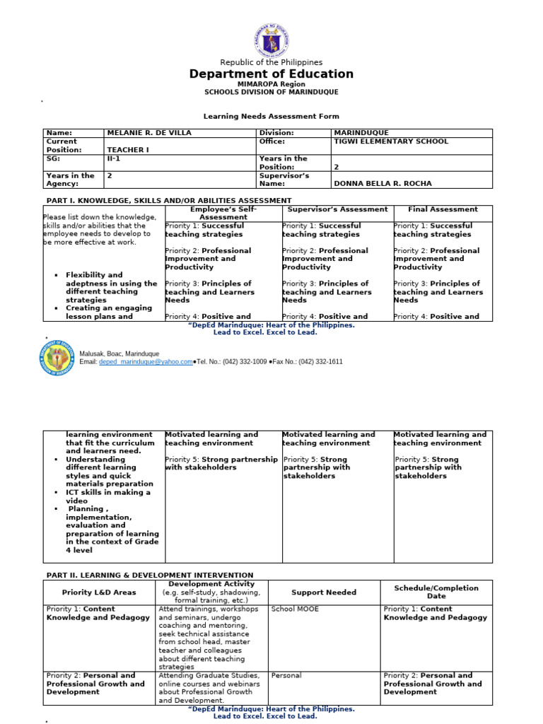 Learning Needs Assessment Form 2023 Melanie | PDF | Learning | Mentorship