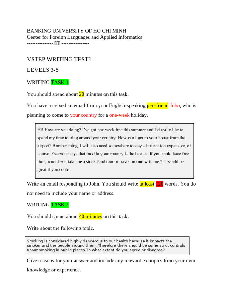 VSTEP Writing Test: Tasks and Guidelines | PDF