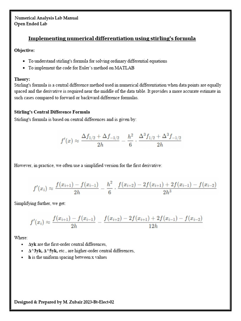 Numerical Differentiation with Stirling's Formula | PDF